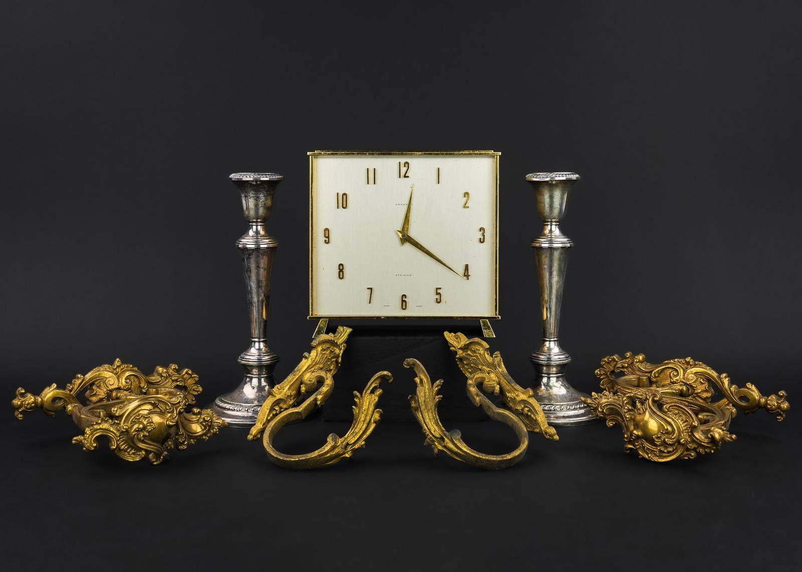 Sterling Candlesticks, Concord Clock, Tie Backs Auction