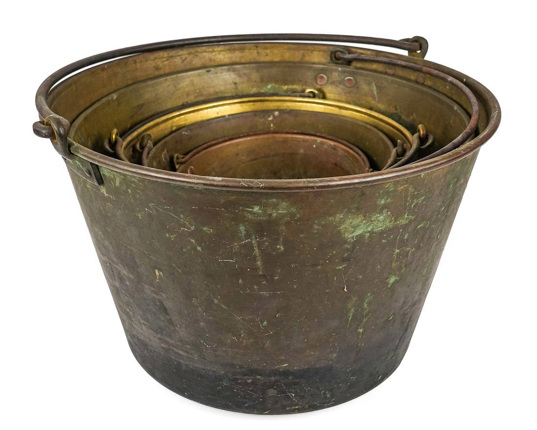 Six 19th C Spun Brass Kettles Auction