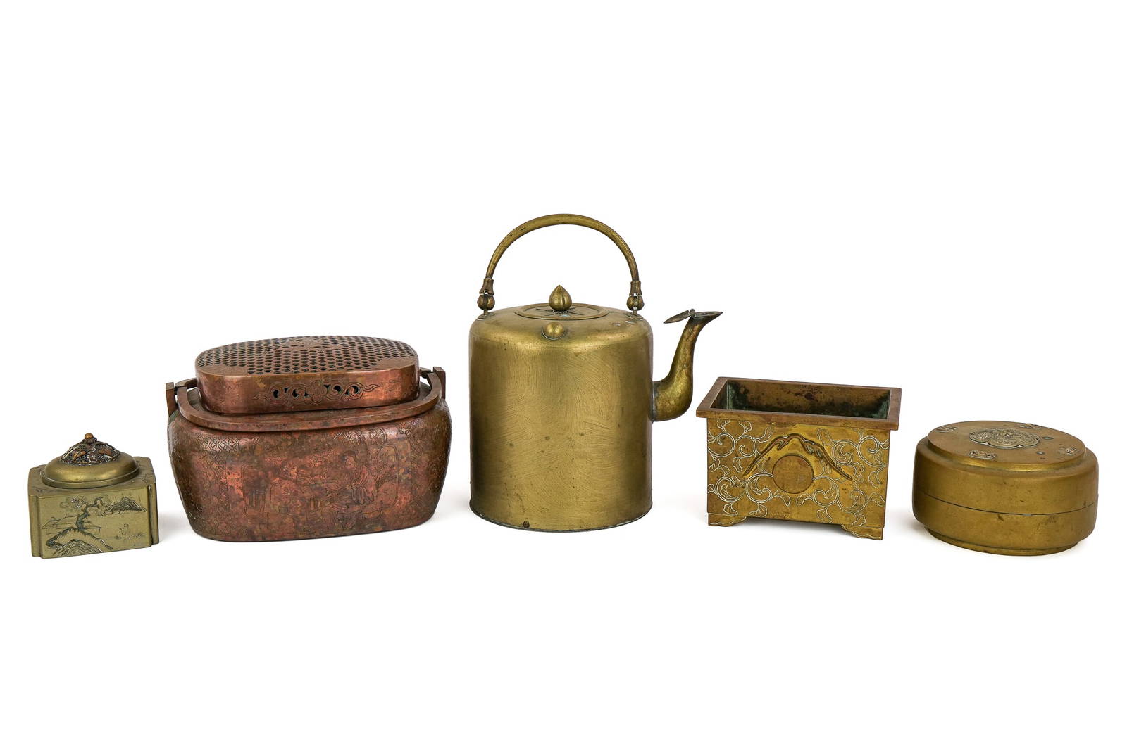Early 20th C Chinese Brass, Copper Boxes, Teapot Auction