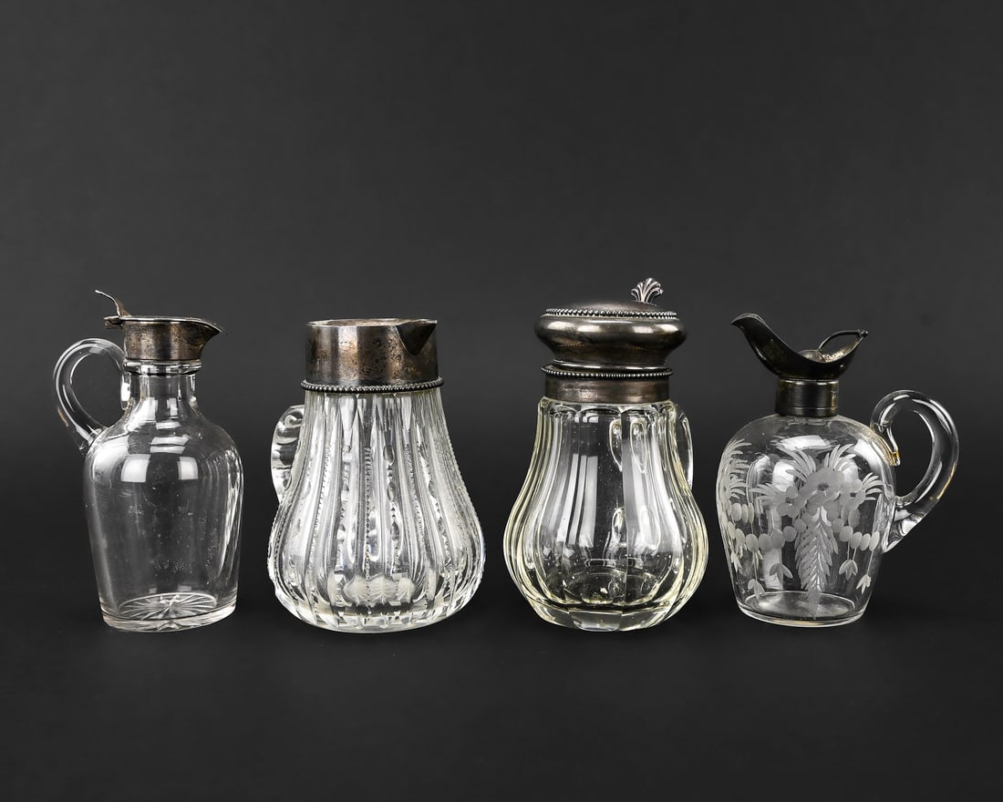 Four Small Syrup & Claret Jugs With Sterling Mounts Auction