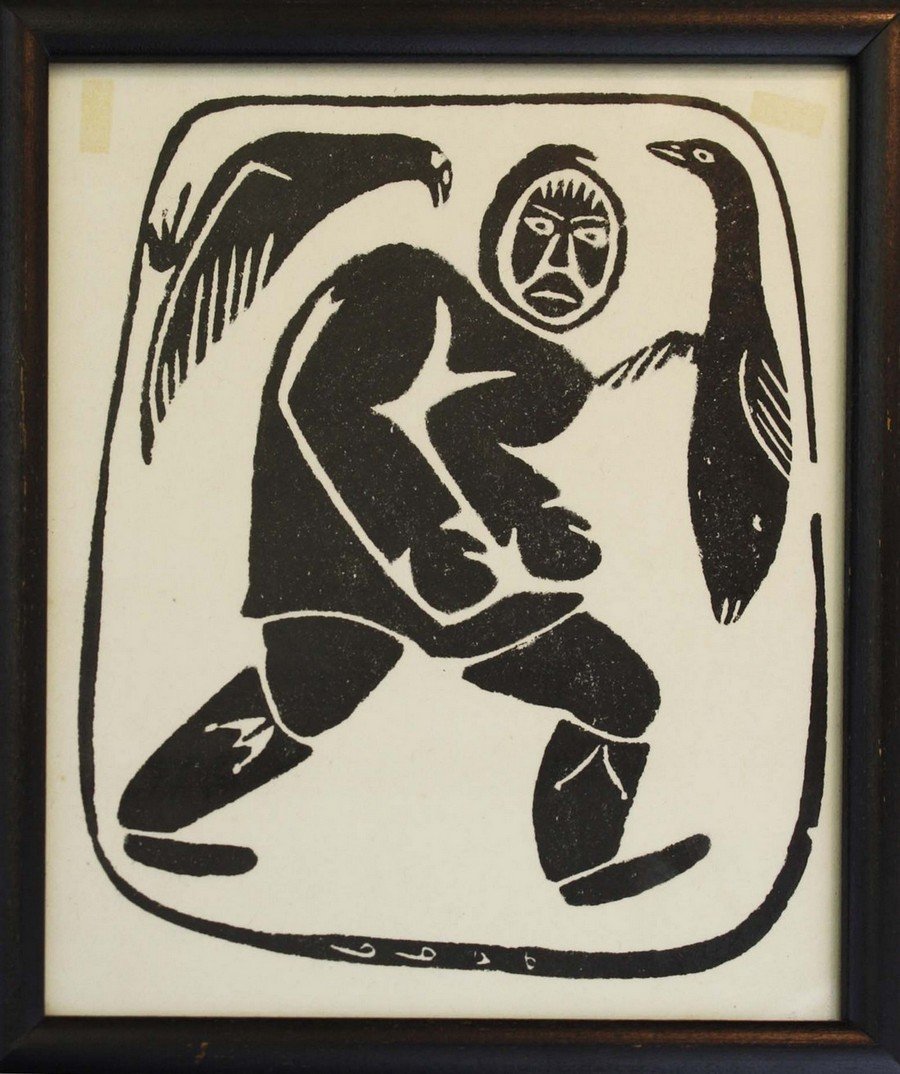 1960's Inuit stone cut print by Quanana, Povungnituk,