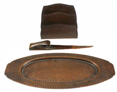 3 Roycroft Copper Arts & Crafts Desk Pieces, Letter Holder, Ink Blotter ...