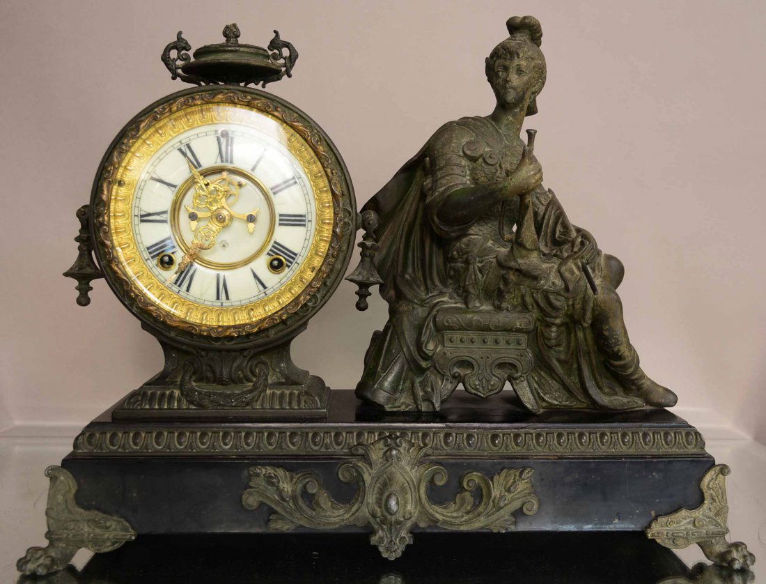 Ansonia Figural Mantel Clock with seated Roman soldier,