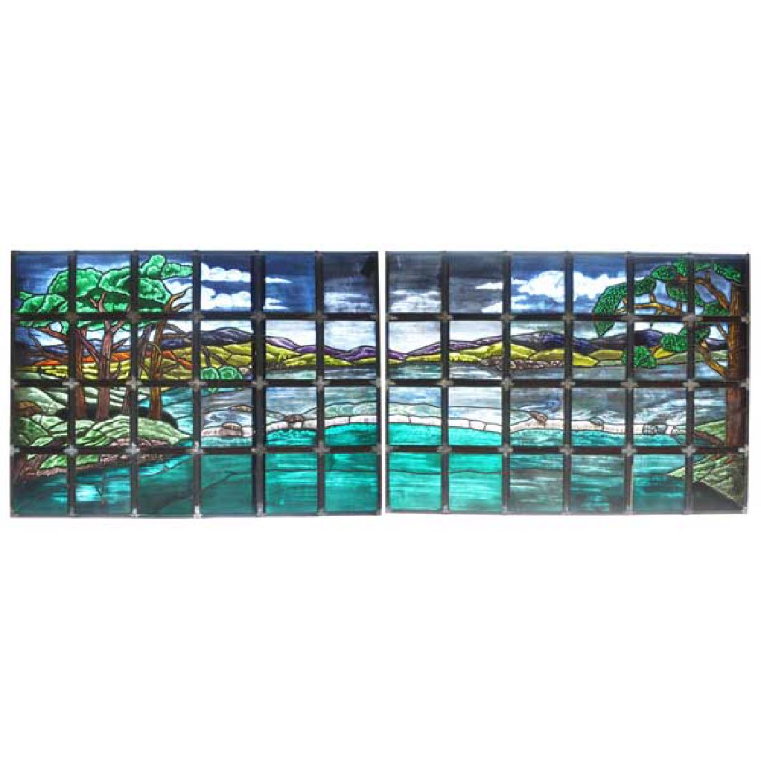 Large American 2-Panel Stained Glass River Scene Window