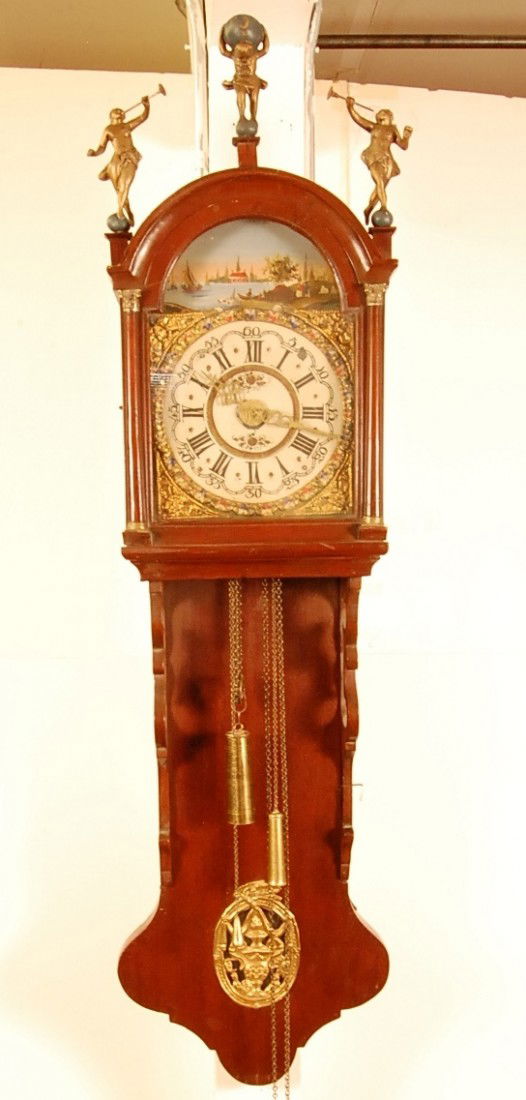 184: Early Dutch Friesland Hooded wall clock. Scenic p
