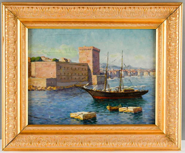 Leandre Giraud Oil on Panel â€œPort de Marseille" Landscape of a Harbor ...
