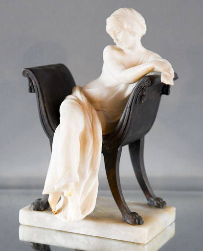 Antonio Frilli Carved Alabaster Lady Seated In A Metal Chair On Marble ...