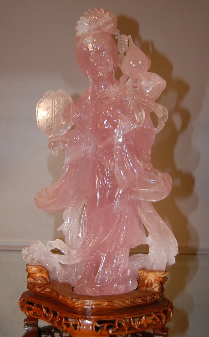Carved Oriental Rose Quartz Statue Of Woman