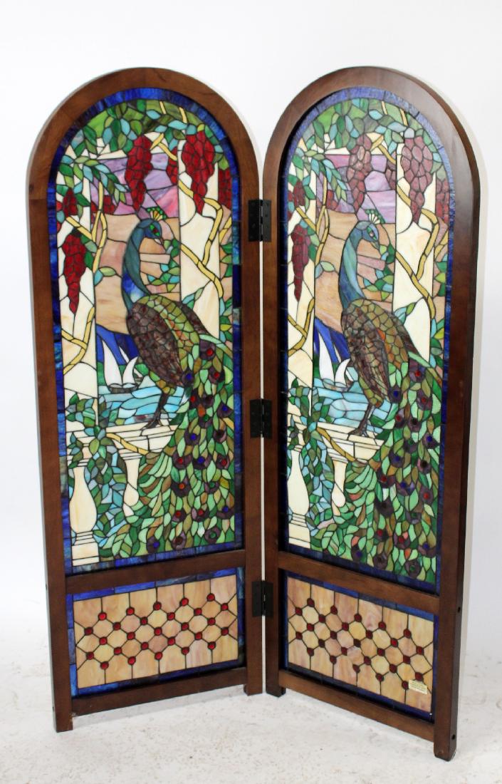 Stained glass 2-panel screen with peacock