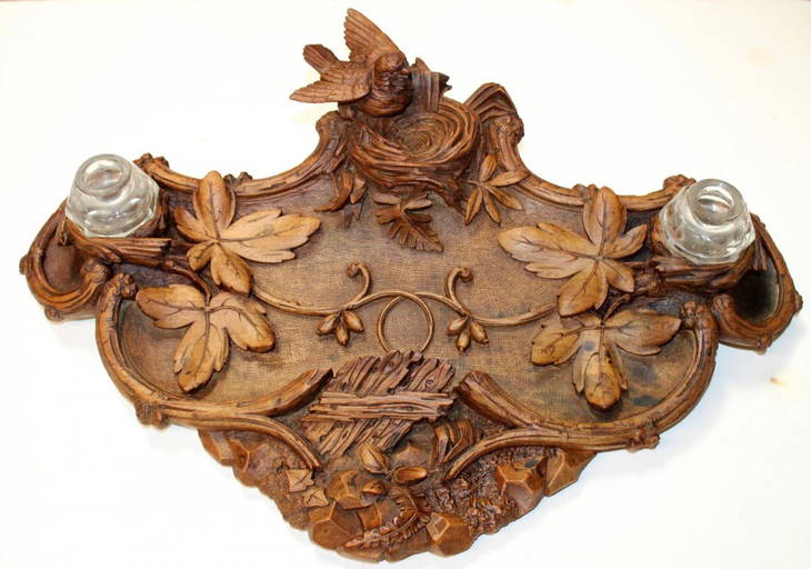 Black Forest Carved Inkwell With Bird In Nest