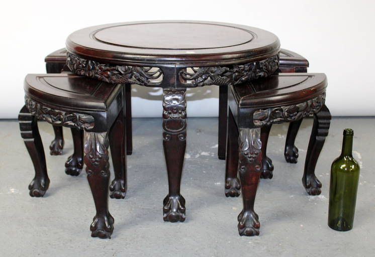 Chinese Pierce Carved Tea Table With Stools