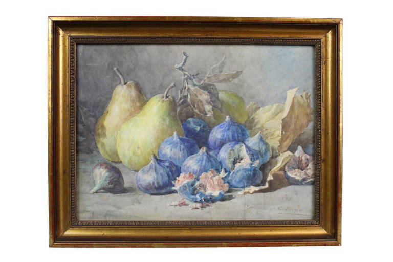 Gabriel Perrin (French XIX-XX) watercolor painting still life with figs ...