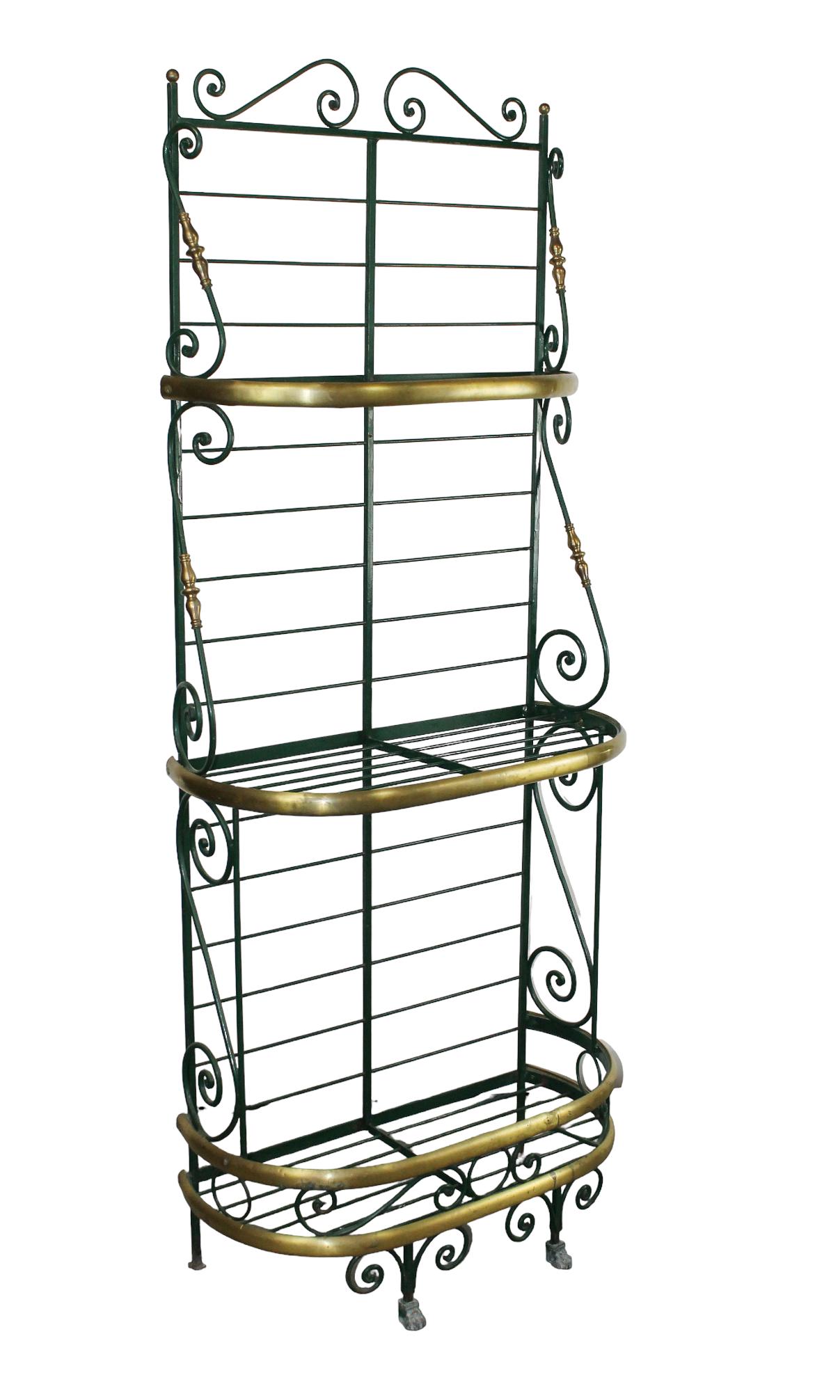 French Painted Green Iron & Brass Bakers Rack Auction