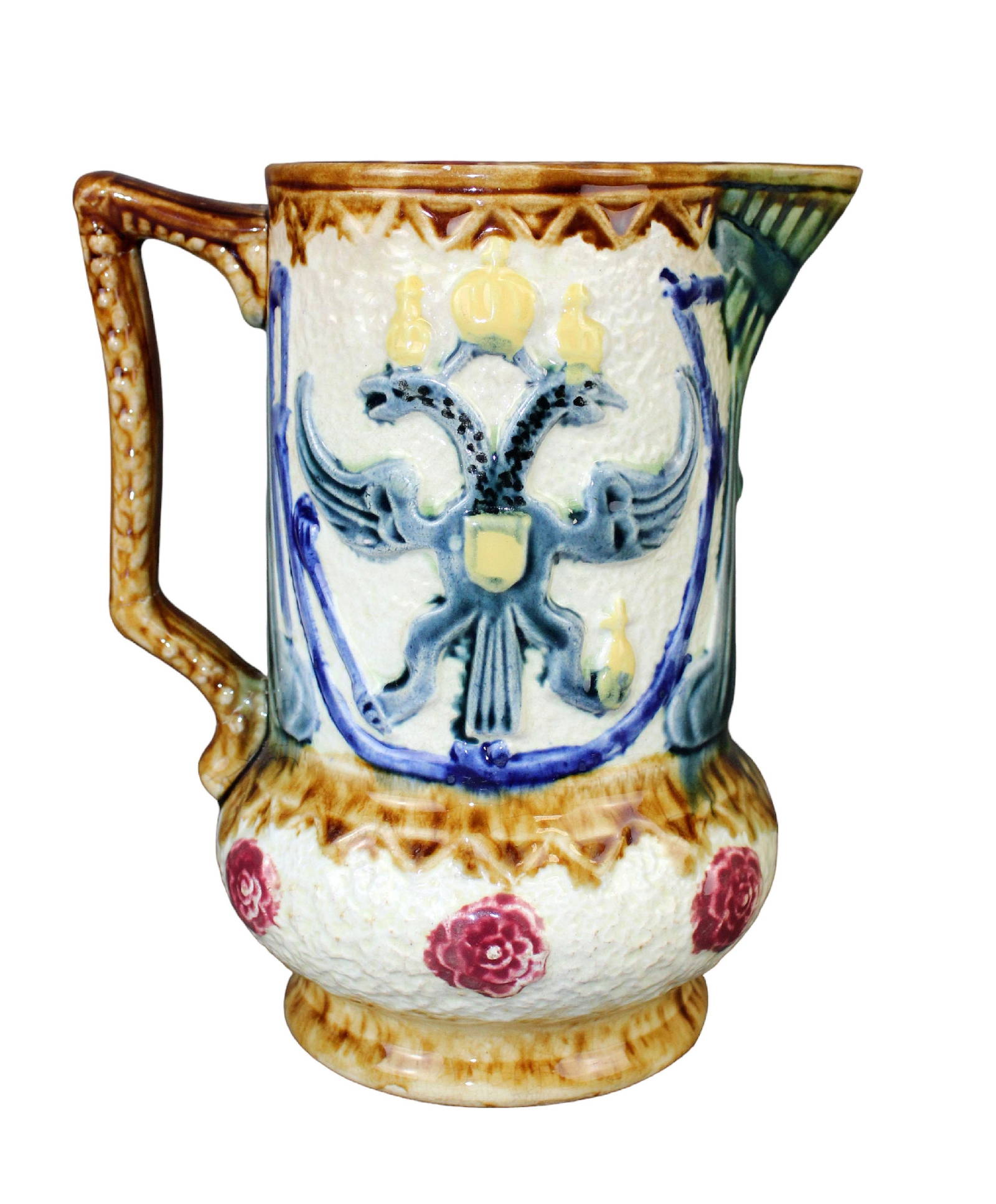 French Majolica Pitcher With 2 Headed Eagle Crest Auction