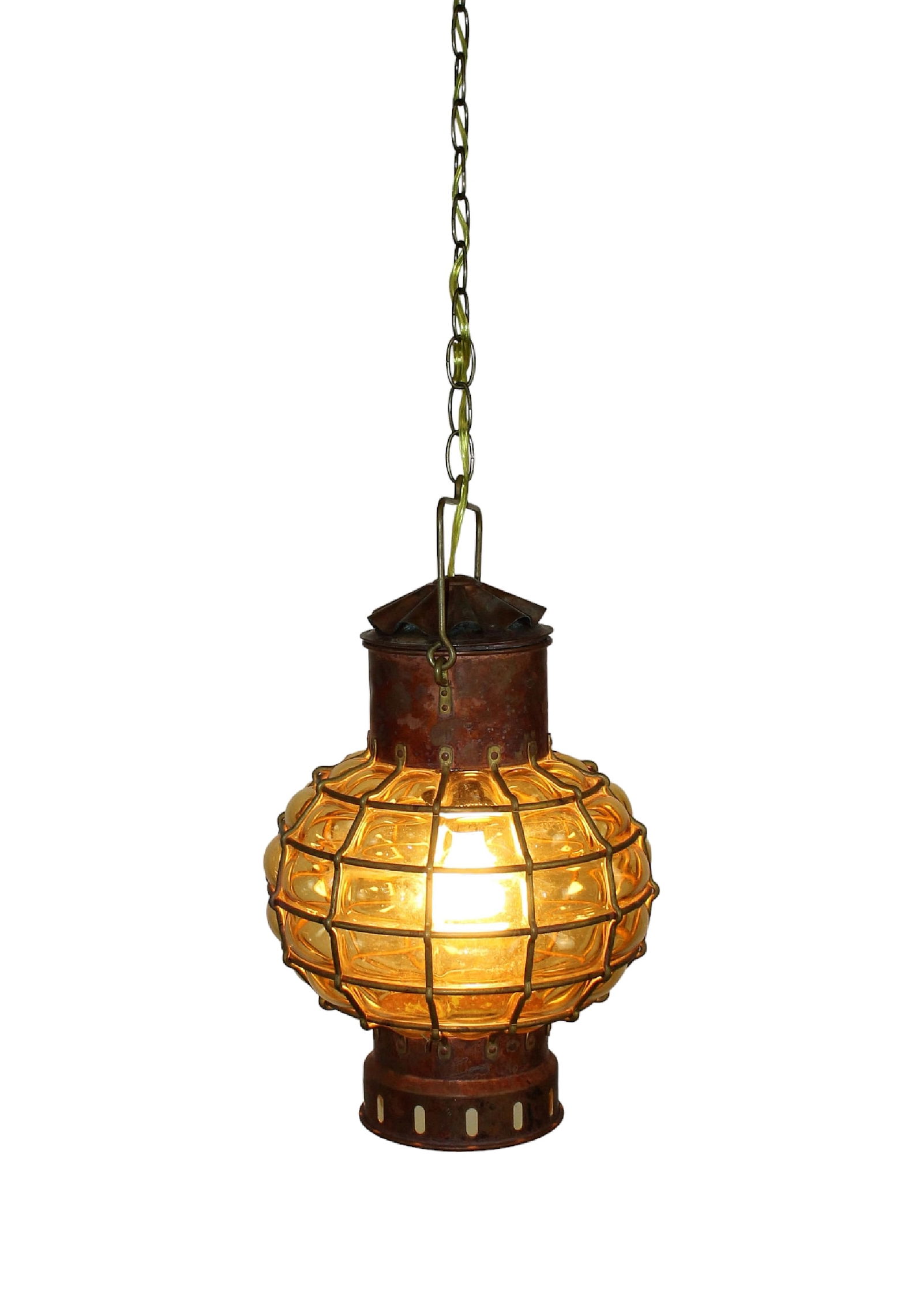 Blown Amber Glass Sailing Ship's Hanging Lantern In Brass Cage Auction