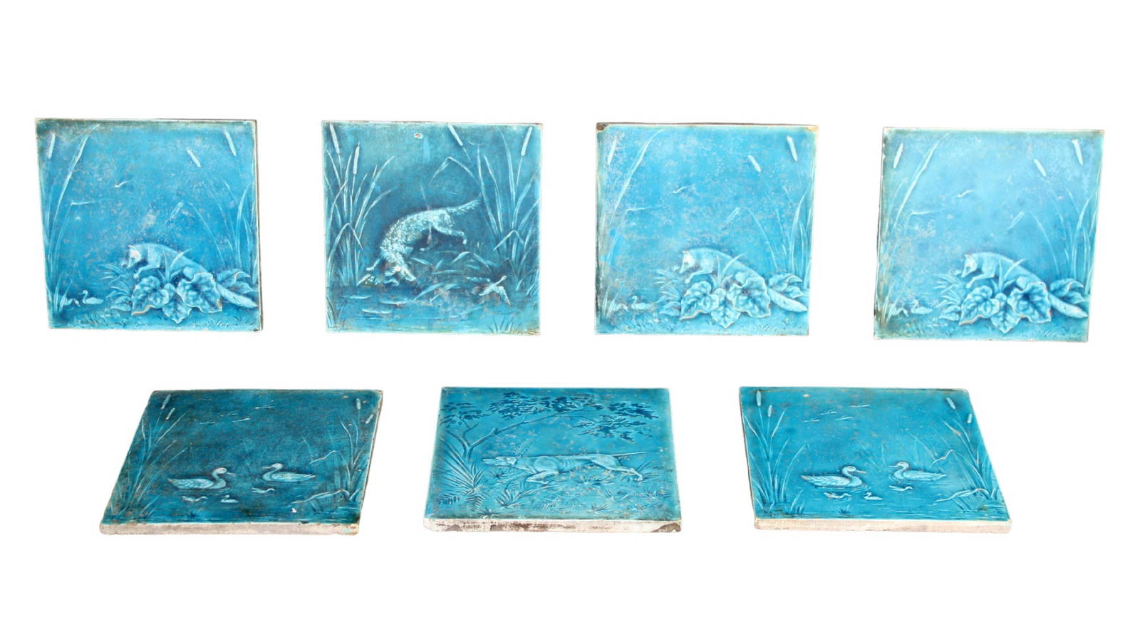 Lot Of 7 English Minton & Hollins Co. Tile Works Blue Glazed Hunt Motif ...