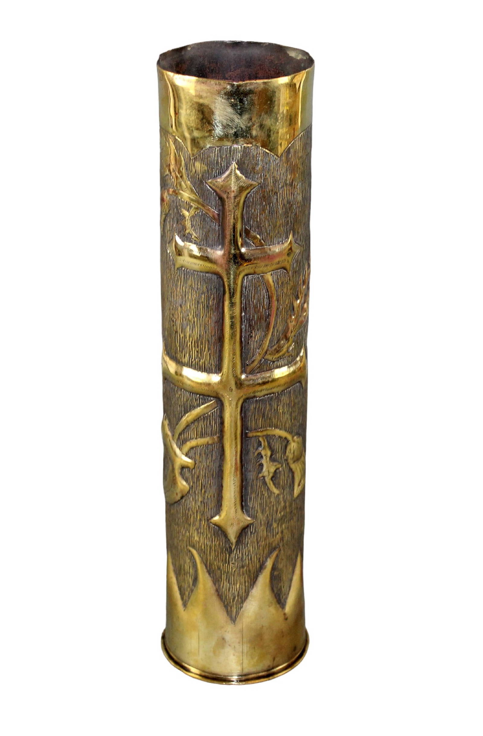 French Wwi Trench Art Brass Shell Casing With Embossed Cross Of ...