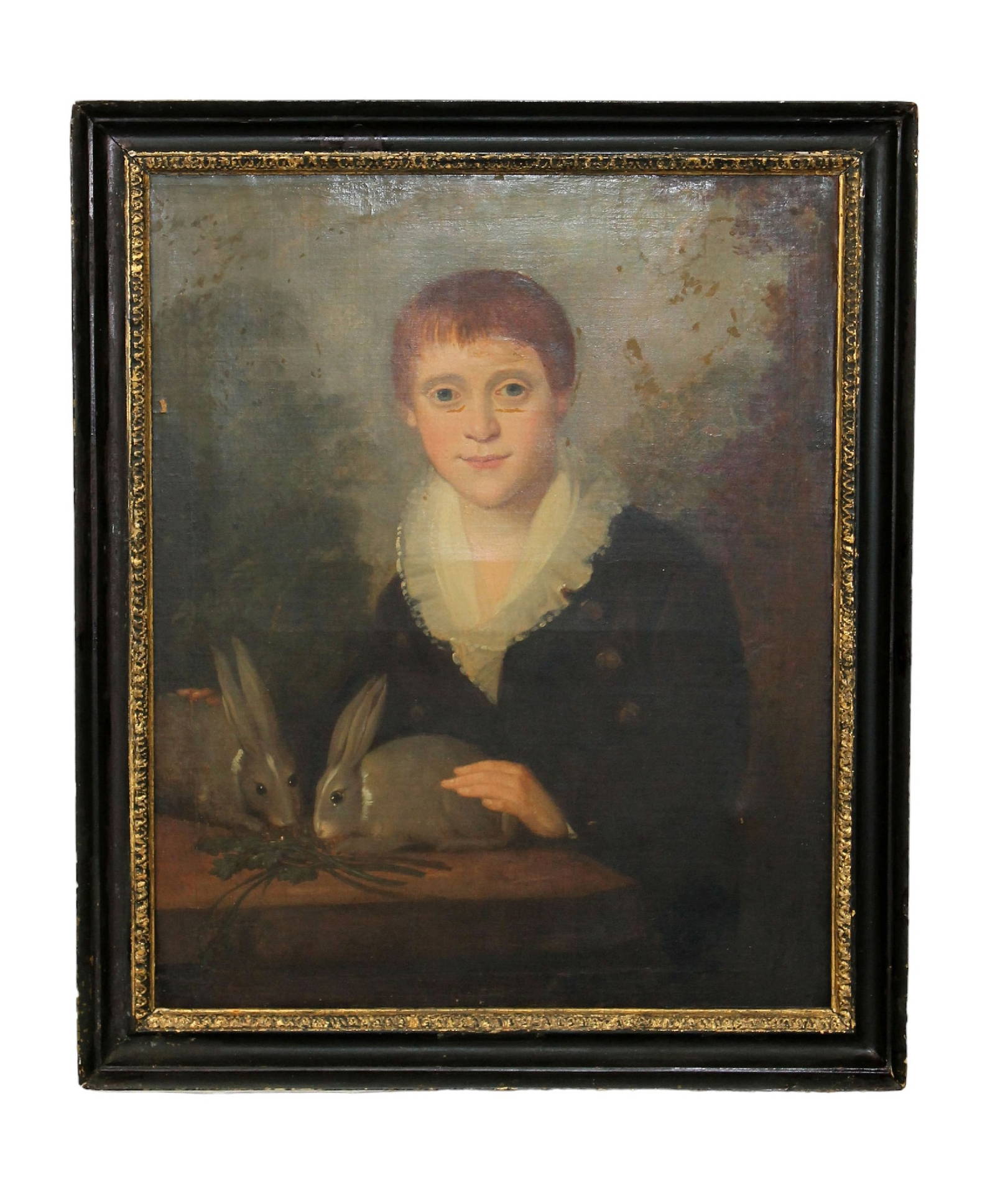 Oil On Canvas Painting Portrait Of Young Boy With Rabbits Auction