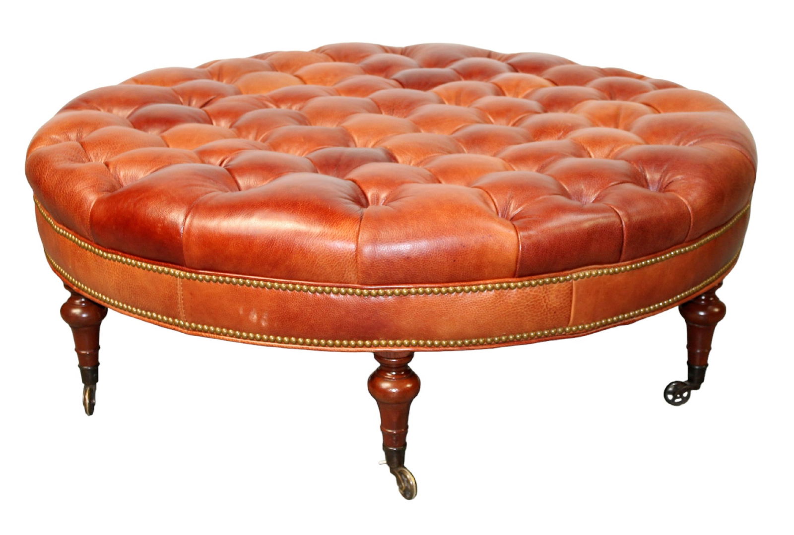 54" Studded Tufted Leather Ottoman/cocktail Table On Turned Legs With ...