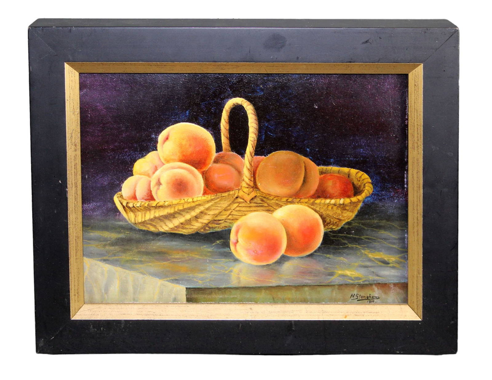 Oil On Board Still Life Painting With Peaches In Basket By H. Stoneham ...