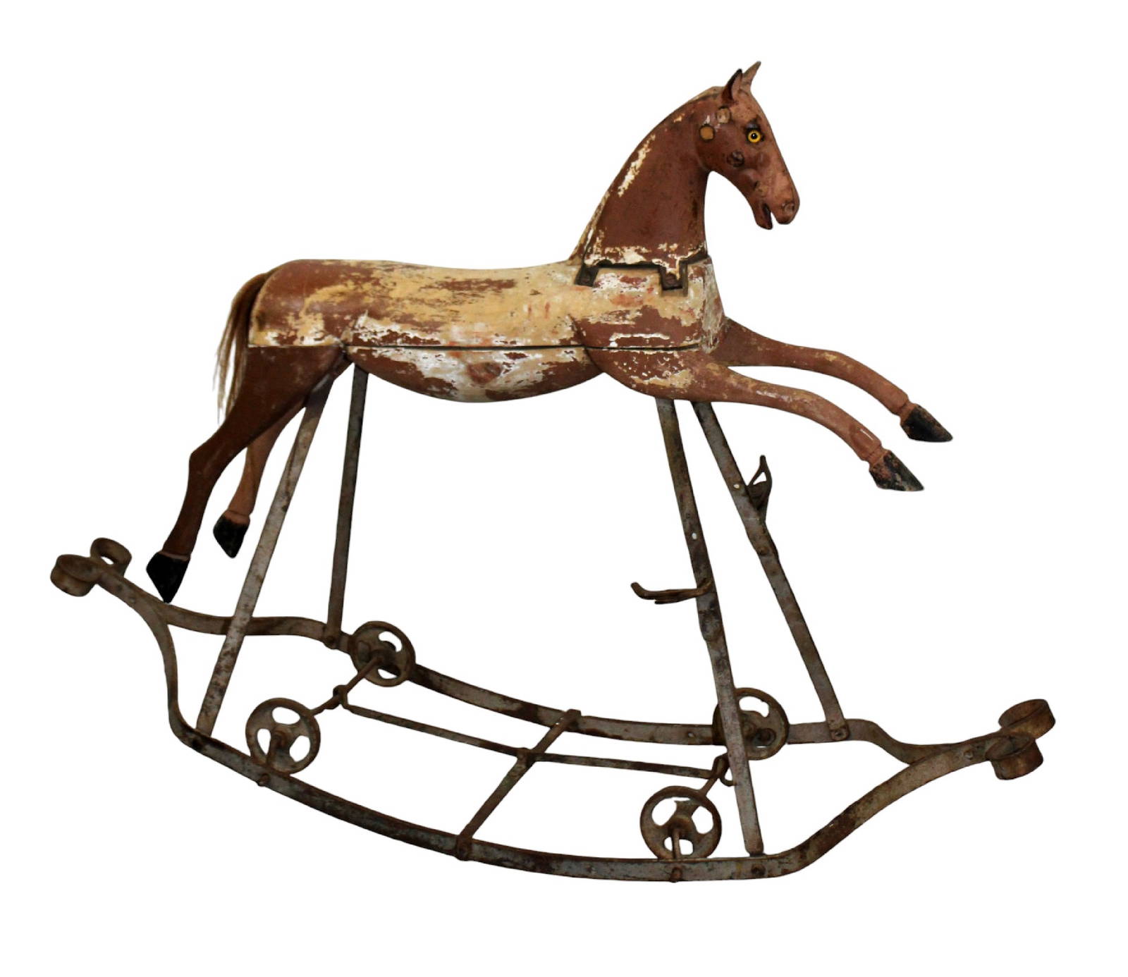 Folk Art Painted Wood And Iron Rocking Horse On Iron Frame Auction