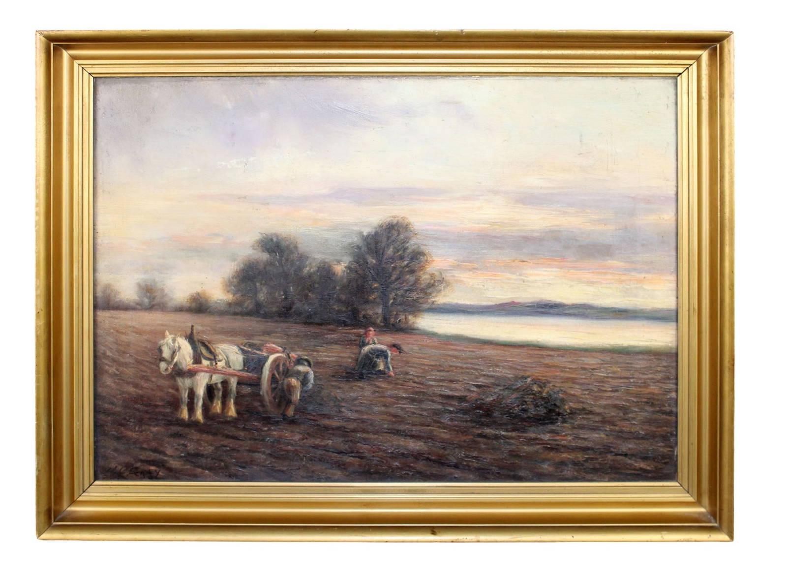 Oil On Canvas Painting Landscape With Field And Horse Plow. Signed J.c ...