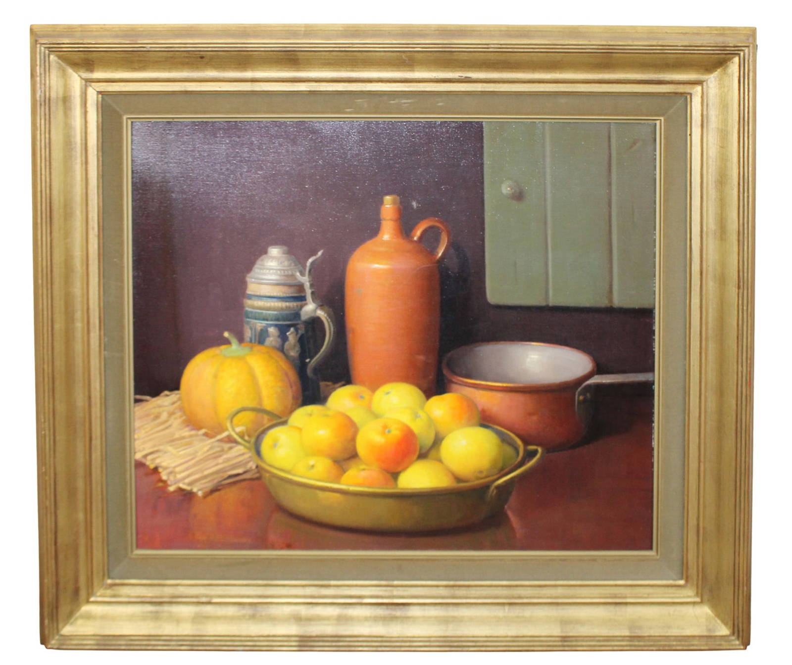 French Oil On Canvas Painting Still Life With Apples And Pumpkin Auction