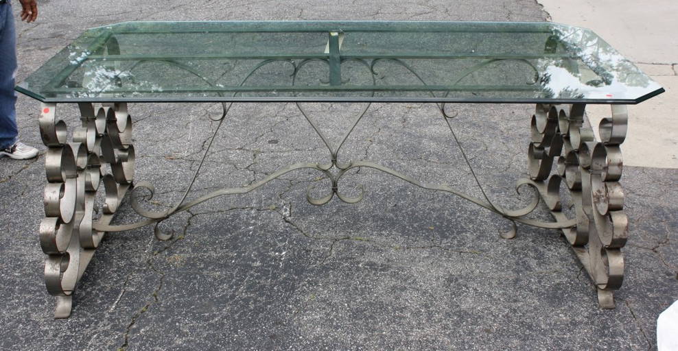 Iron Scroll Base Dining Table With Glass Top