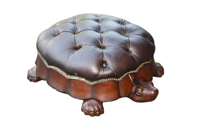 Mahogany And Tufted Leather Turtle Ottoman