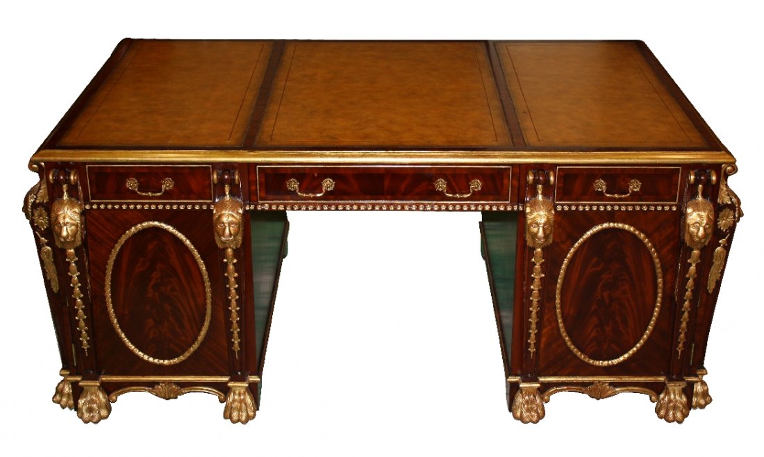 Maitland Smith mahogany partners desk with carved lions