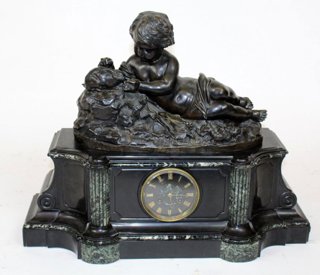 French C. Detouche Napoleon Iii Clock W/ Bronze Cherub