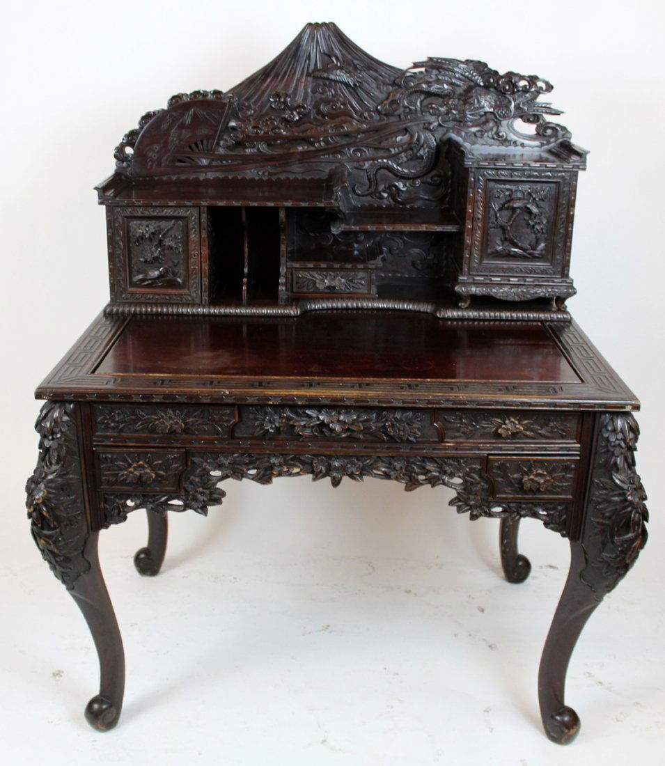 Japanese Meiji relief carved desk with Mt Fuji