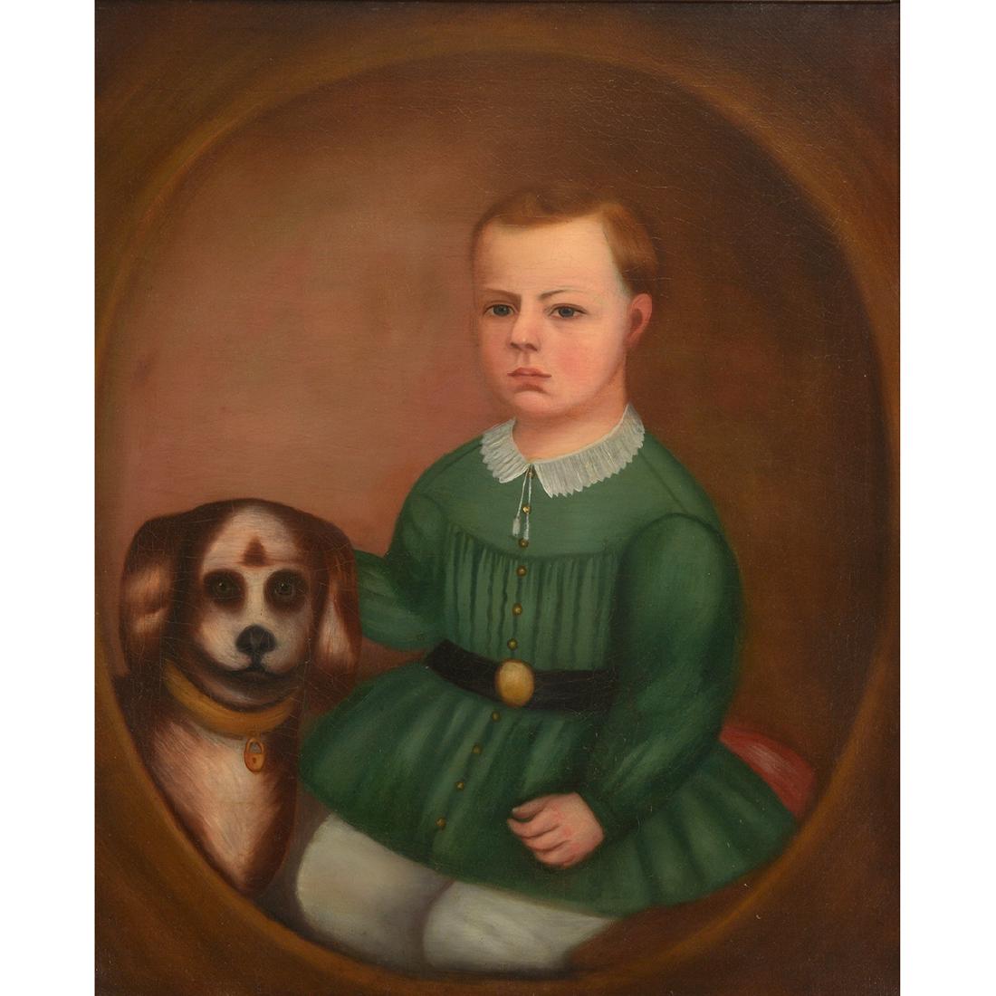 American School "portrait Of Boy With Dog" Oil On