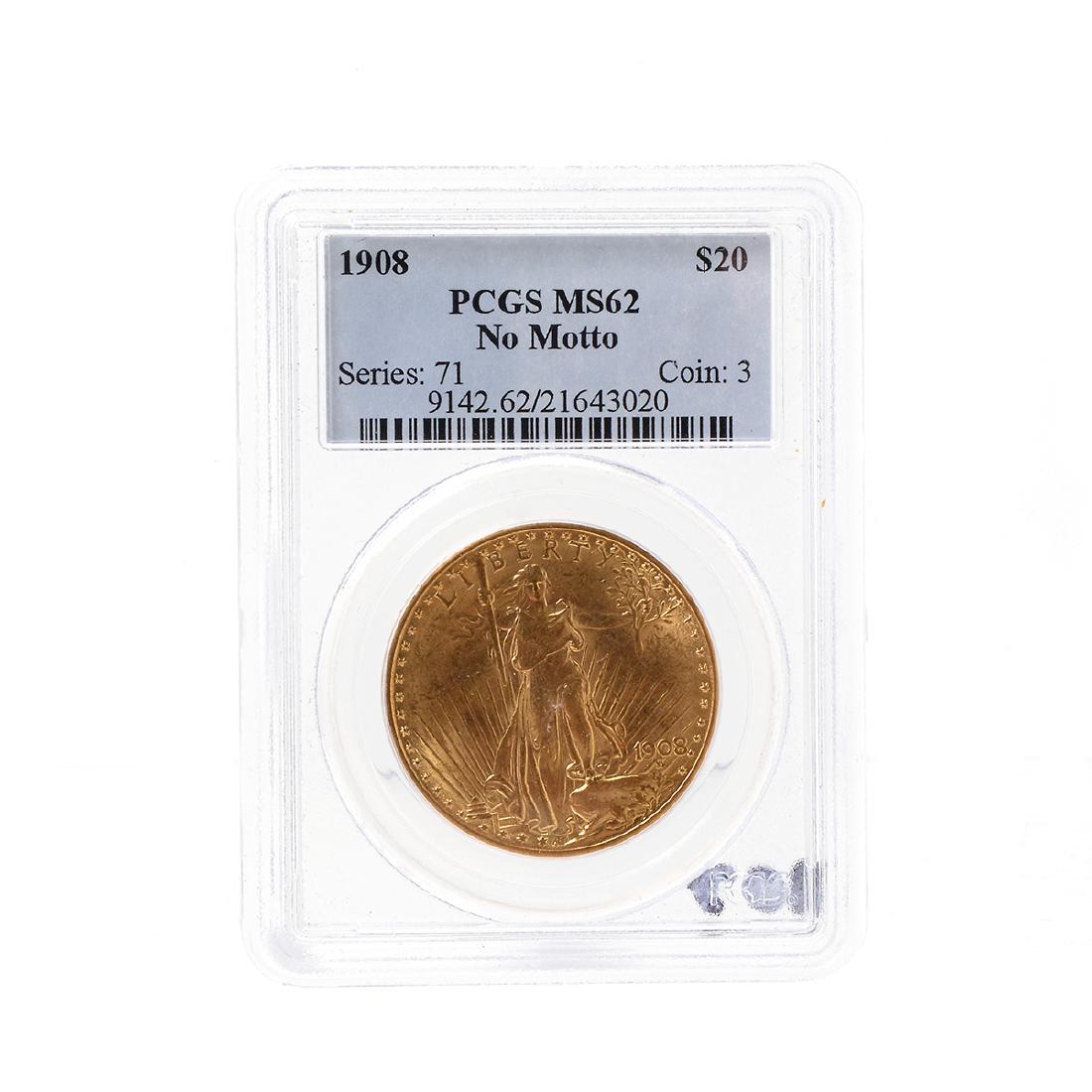 Us 1908 No Motto $20.00 Gold Coin Pcgs Ms62