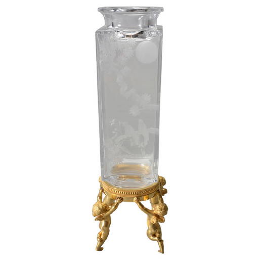 Baccarat Japanese Style Square Crystal Vase With Gilt