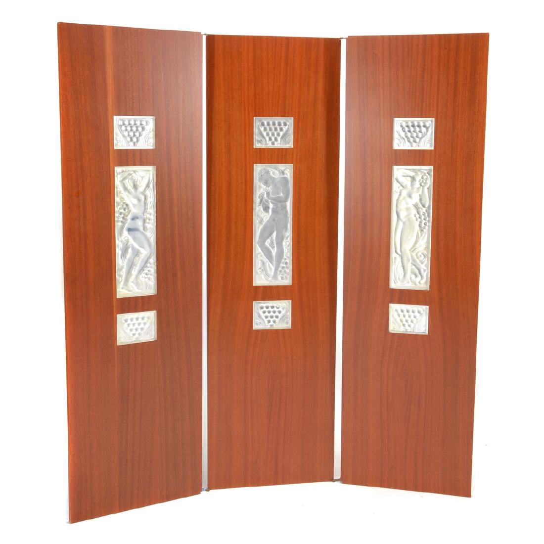 Lalique Art Deco Wood Screen with Nine Inset Crystal