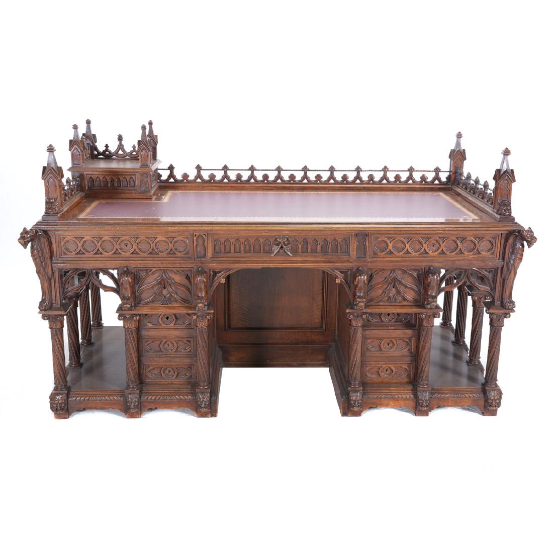 Gothic Revival Desk with Tooled Leather Inset Top