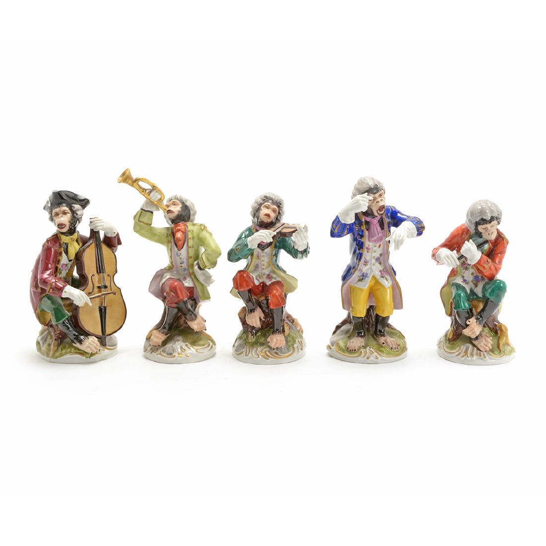 Five German Porcelain Singerie Monkey Band Figures