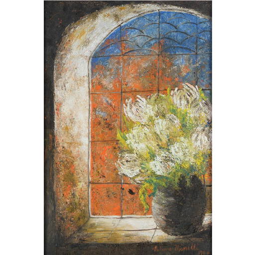 Helene M. Minelli "flowers In The Window" Oil On Canvas