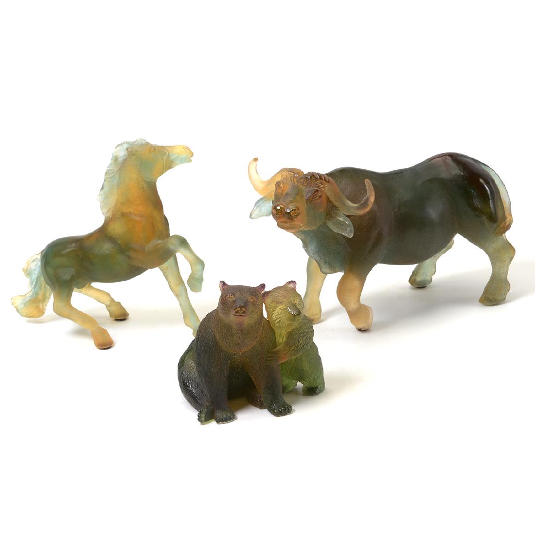 Three Daum Pate de Verre Green and Amber Animal Figures