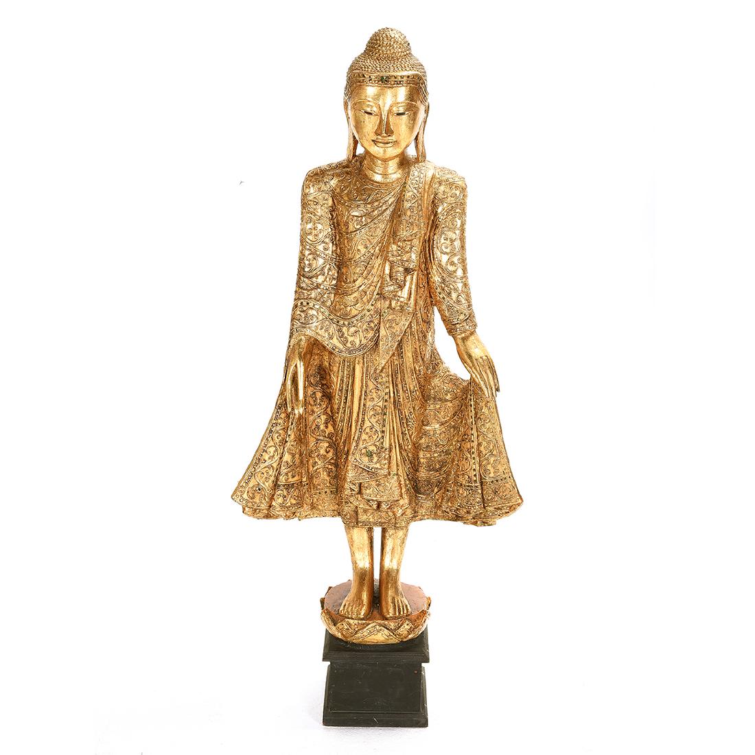 Large Thai Gilt Wood Standing Buddha Figure, 20th C