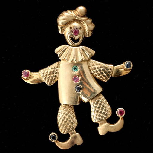 Ruby, Emerald, Saph., Dia., 18k Y/g Clown Pendant.