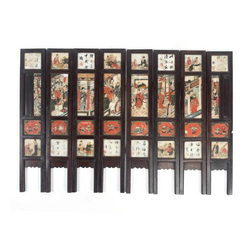 An Eight Panel Asian Screen, Painted Tiles Inserts