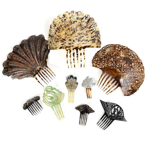 Nine Shell Bakelite, Plastic, Silvered Metal Hair Combs
