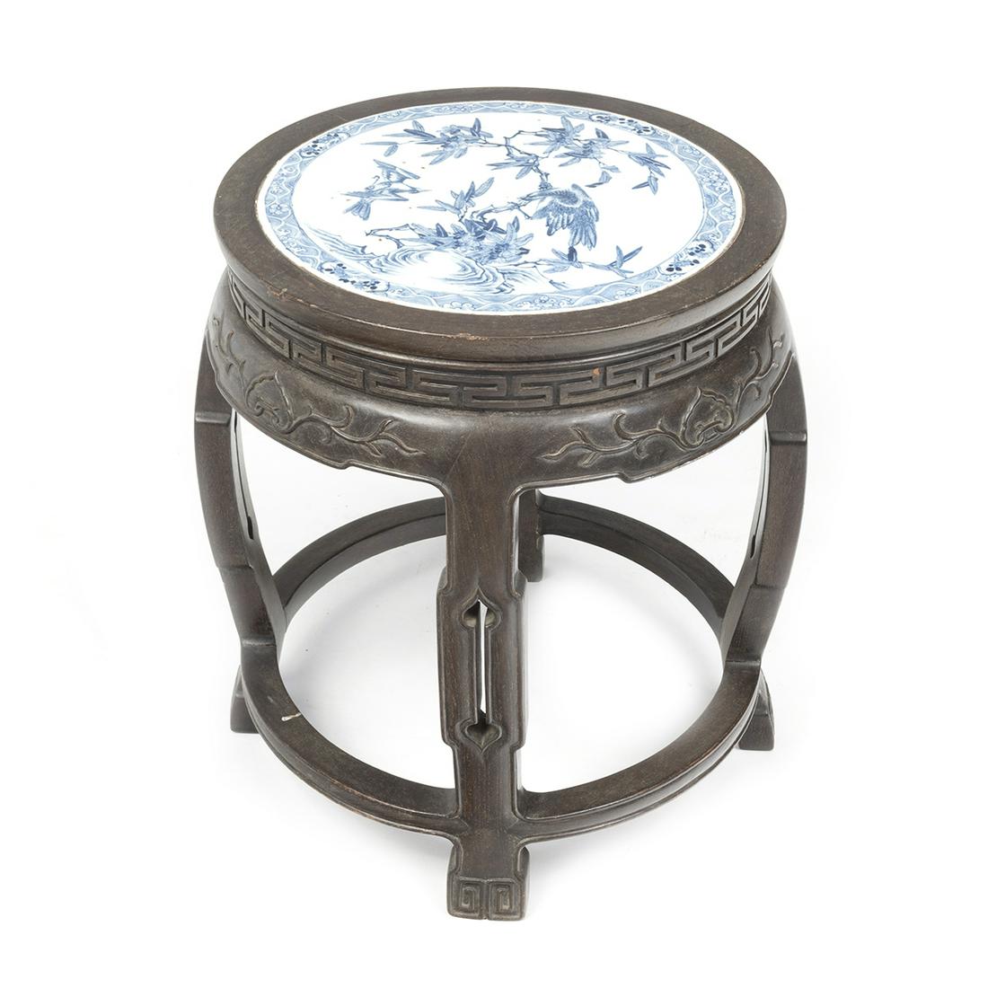 A Chinese Wood Side Table With Porcelain Plaque Insert. Auction