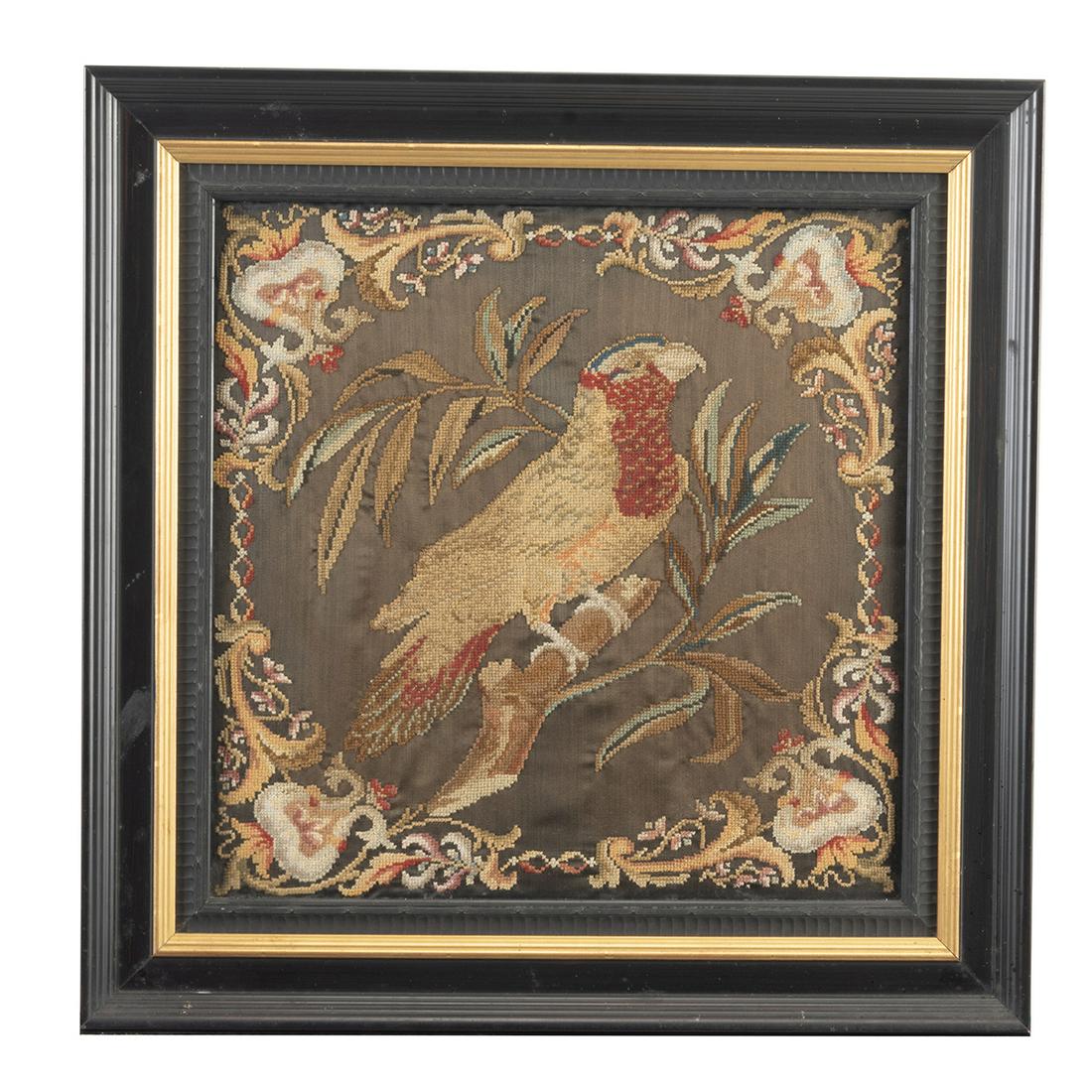 Fine English Victorian Needlework Picture Of A Parrot Auction