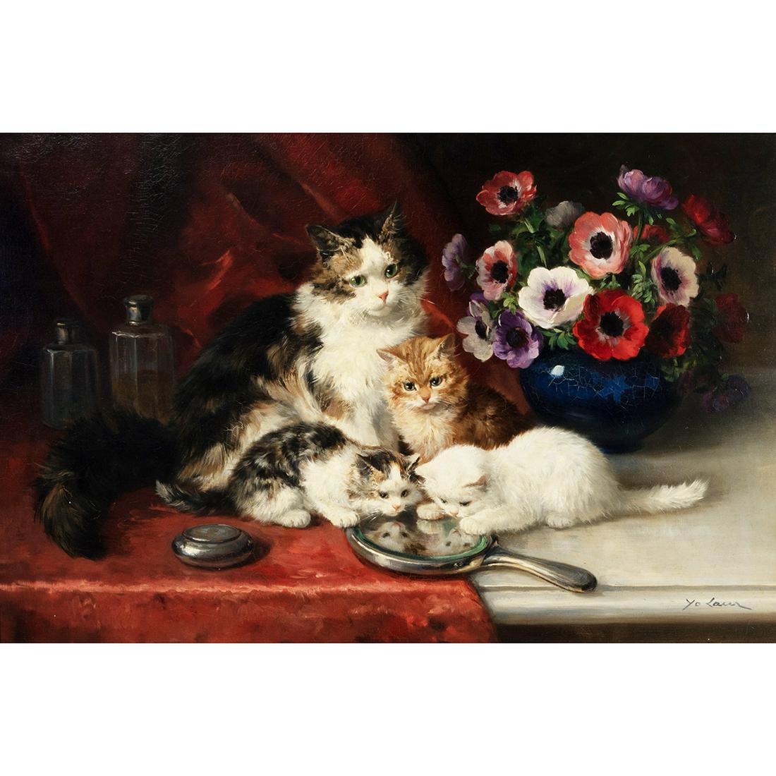 Yo Laur, Cats With Flowers, Oil On Canvas Auction