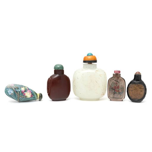 Group Of Five Glass And Porcelain Snuff Bottles