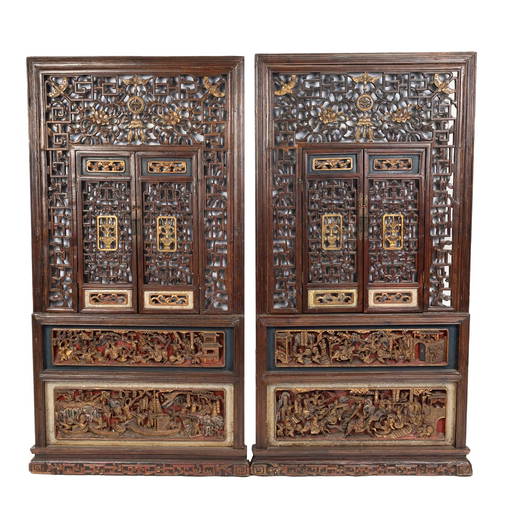 Pair Of Large Chinese Carved And Painted Window Panels