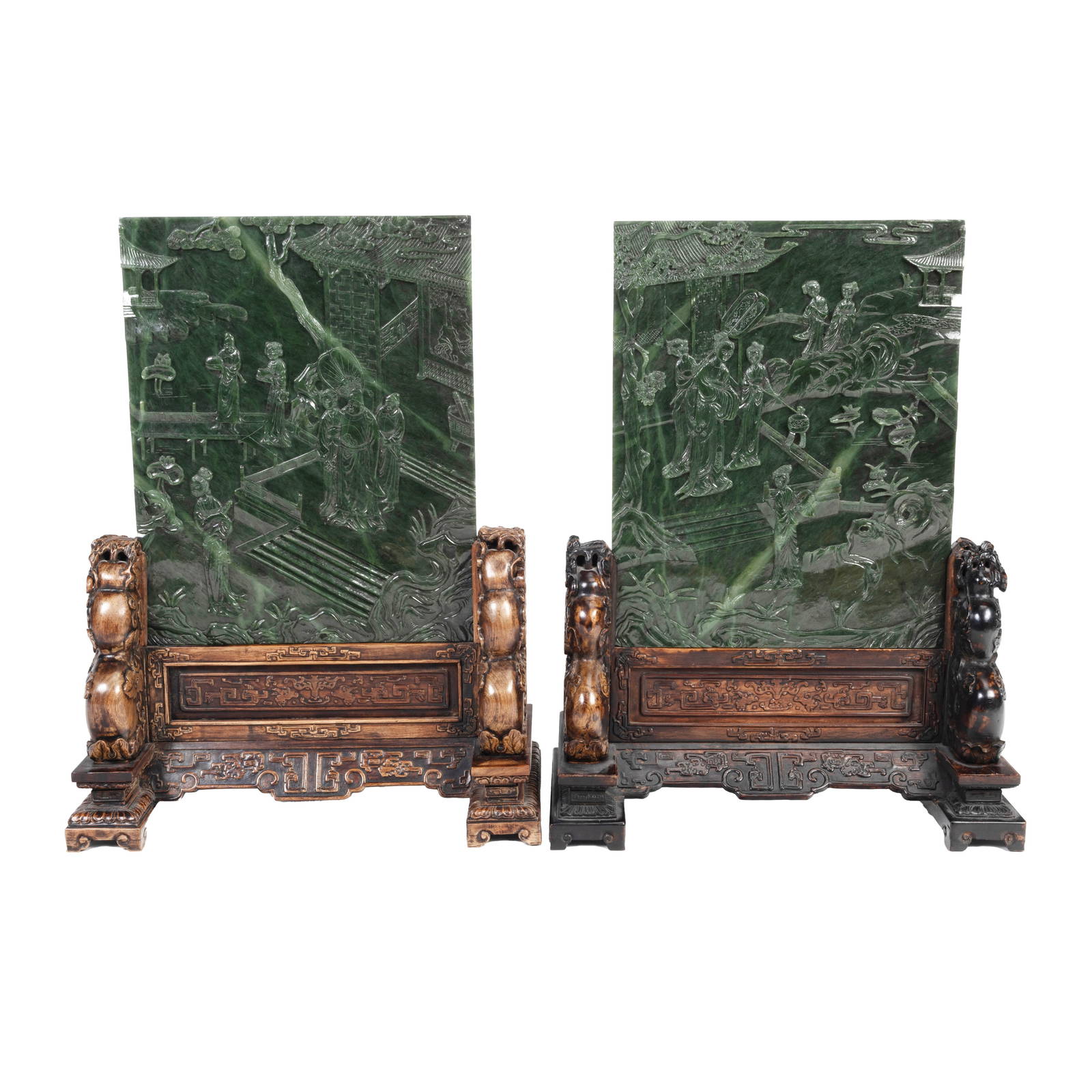 Pair Of Carved Spinach Jade Plaque Insert Table Screens Auction